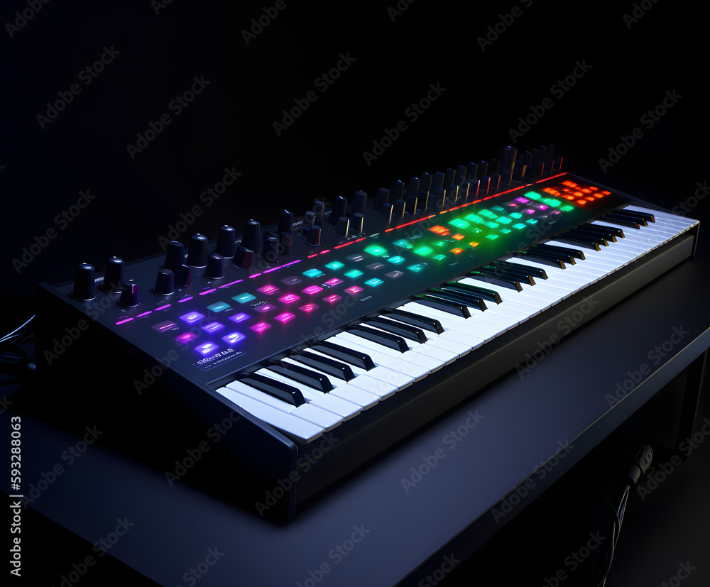 Professional audio synthesizer with rgb lights on a black background ...