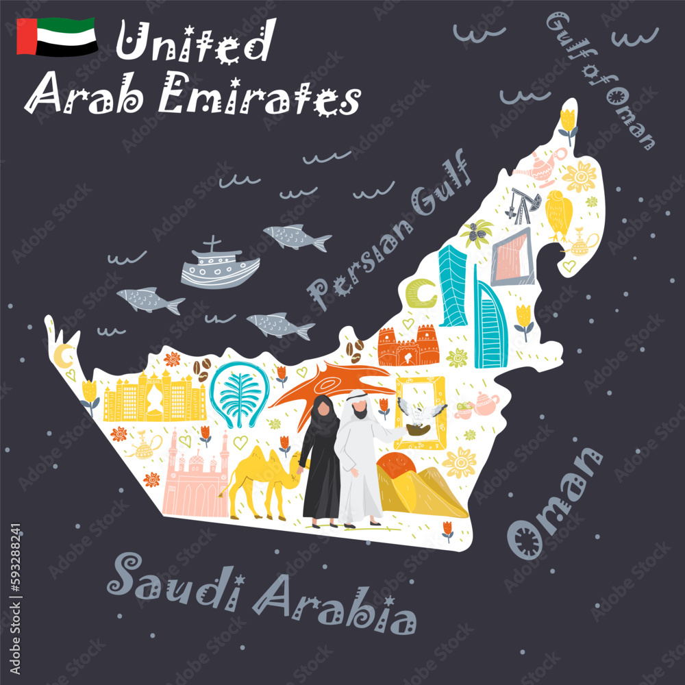 Vetor de United Arab Emirates, Dubai, Abu Dhabi map, hand drawn vector ...