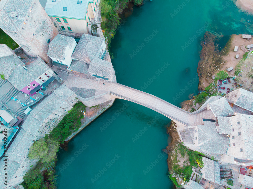 Erial Mostar Bridge And Koski Mehmed Pasha Mosque Drone View Of The Historical City Of Mostar