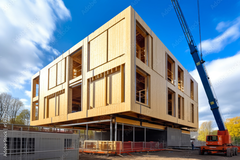 Wooden building module is raised by a crane and placed into the ...