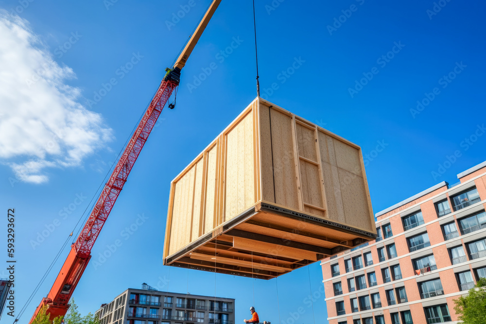 Wooden building module is raised by a crane and placed into the ...