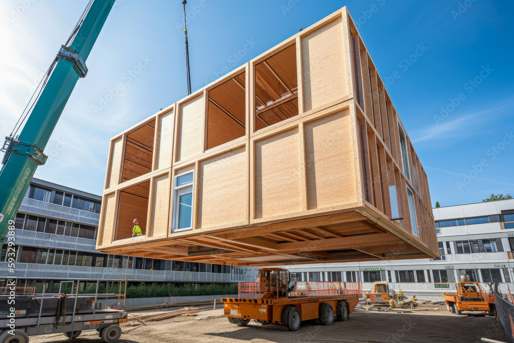 Wooden building module is raised by a crane and placed into the ...