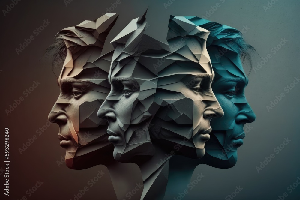 Multiple fictional faces, split personalities in neutral colors ...