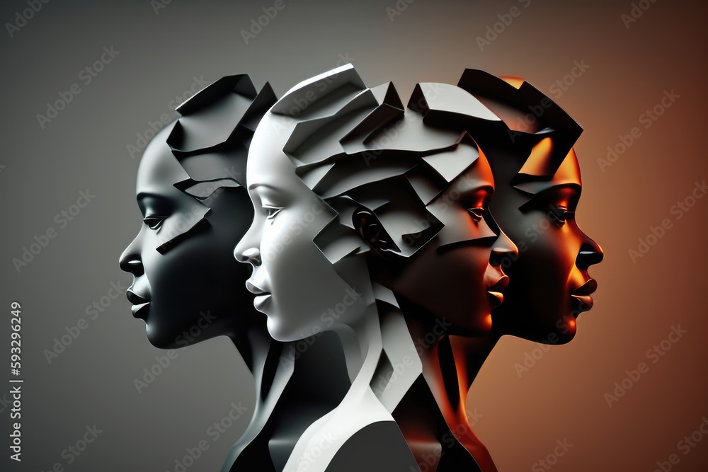 Multiple fictional faces, split personalities in neutral colors ...