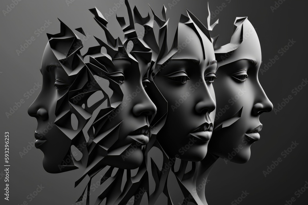 Multiple fictional faces, split personalities in neutral colors ...