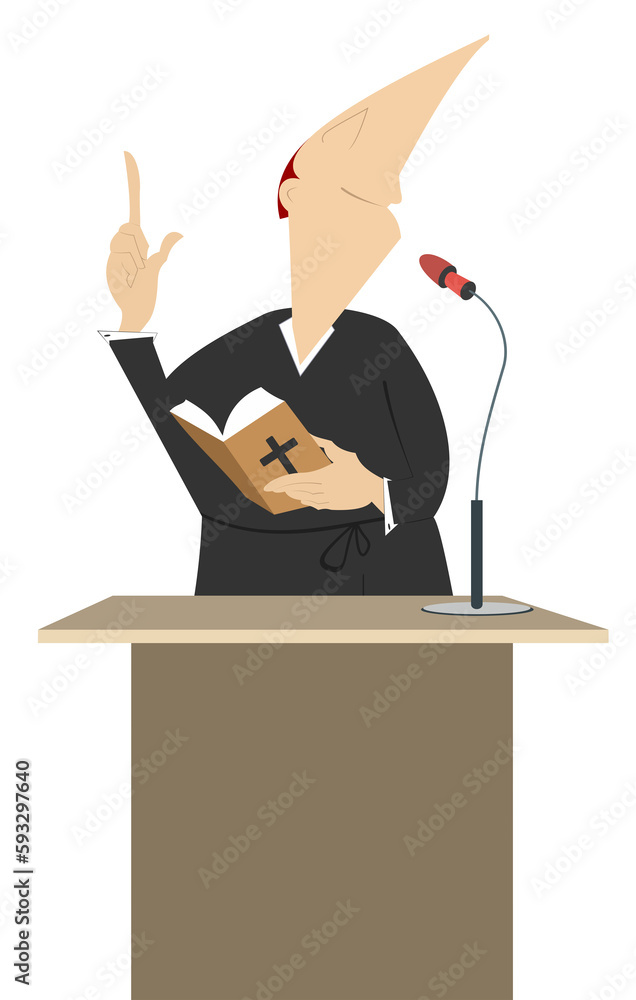 Priest Preaching at Podium. In God We Trust. A Priest holding a Bible ...