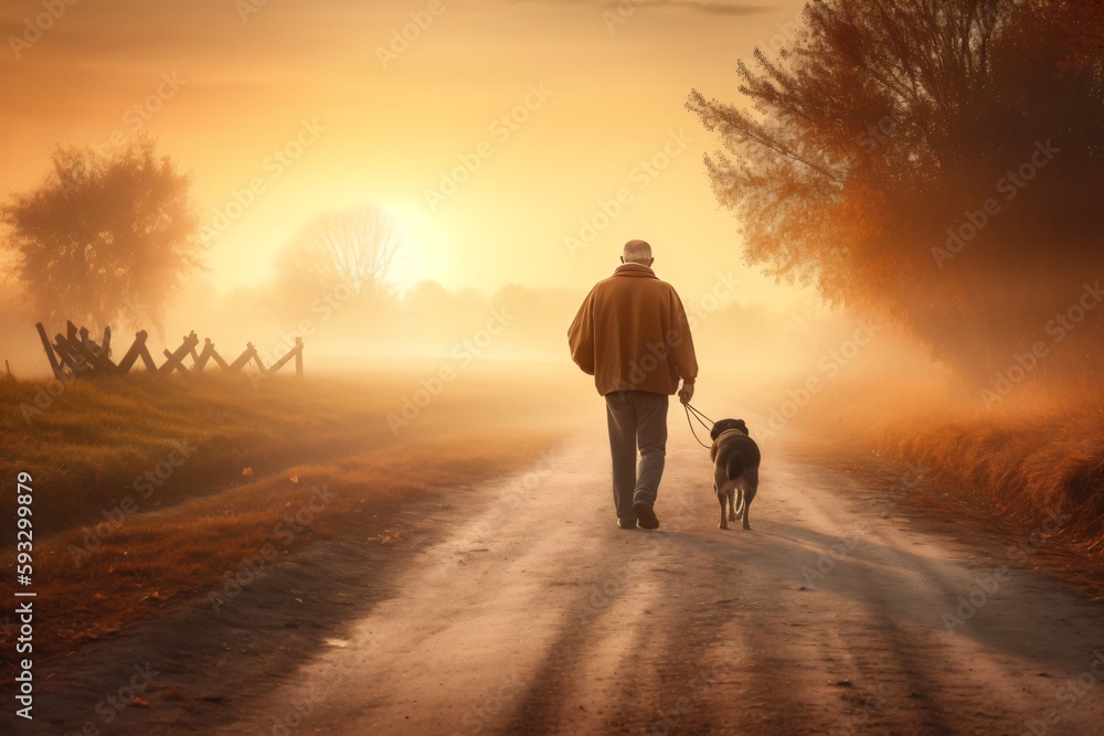 Old man walking his dog in the morning sun Stock Illustration | Adobe Stock