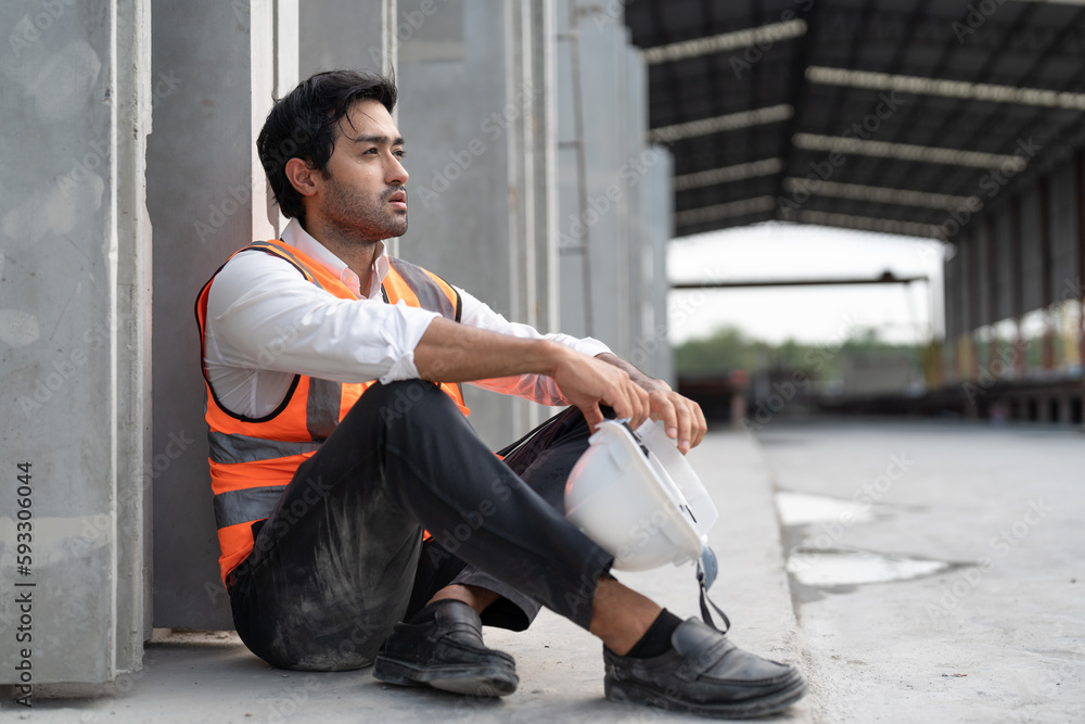 Asian man civil engineer feel tired and stressed from working outdoor ...