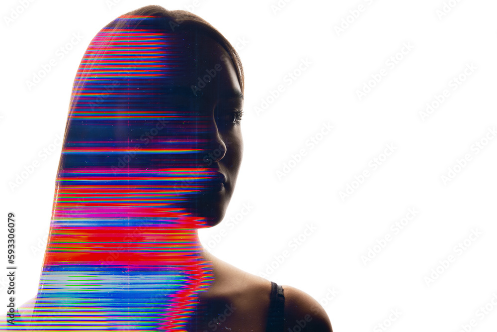Glitch face art portrait. Beauty distortion. Double exposure pink blue ...