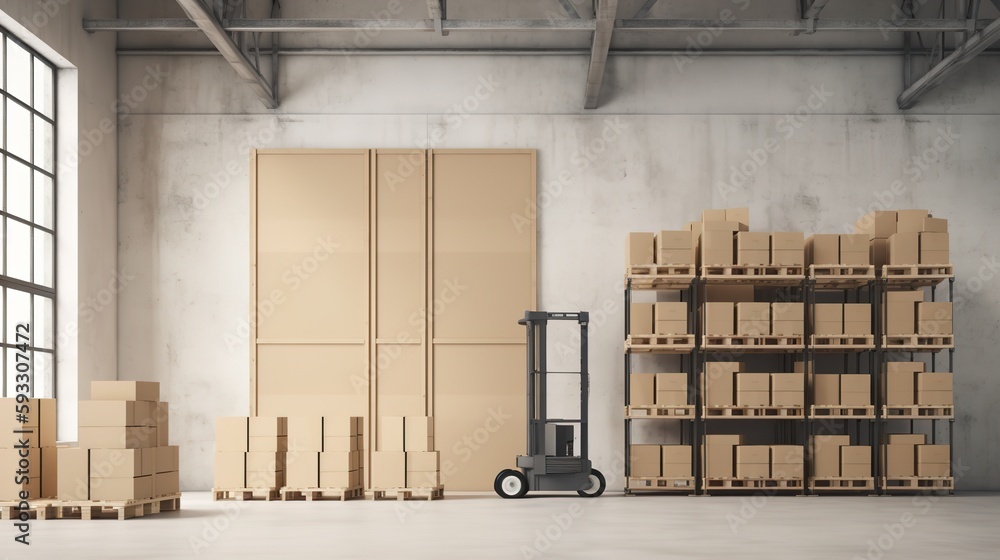 Warehouse with cardboard boxes and a trolley next to it on a light ...