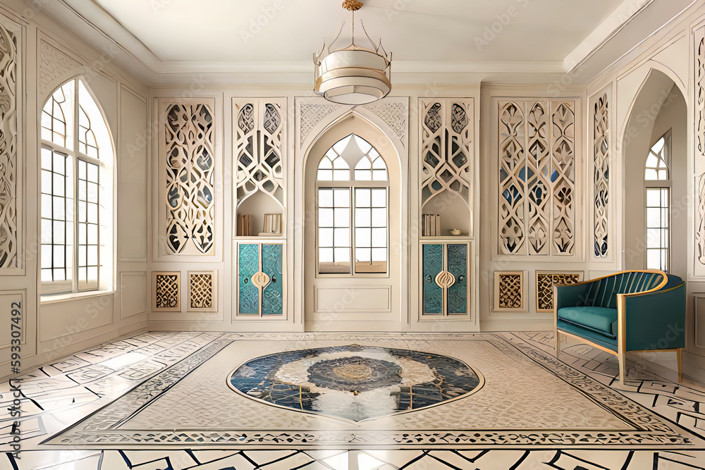 Arabic, Islamic style interior. Rattan chair, table and arabic pattern ...