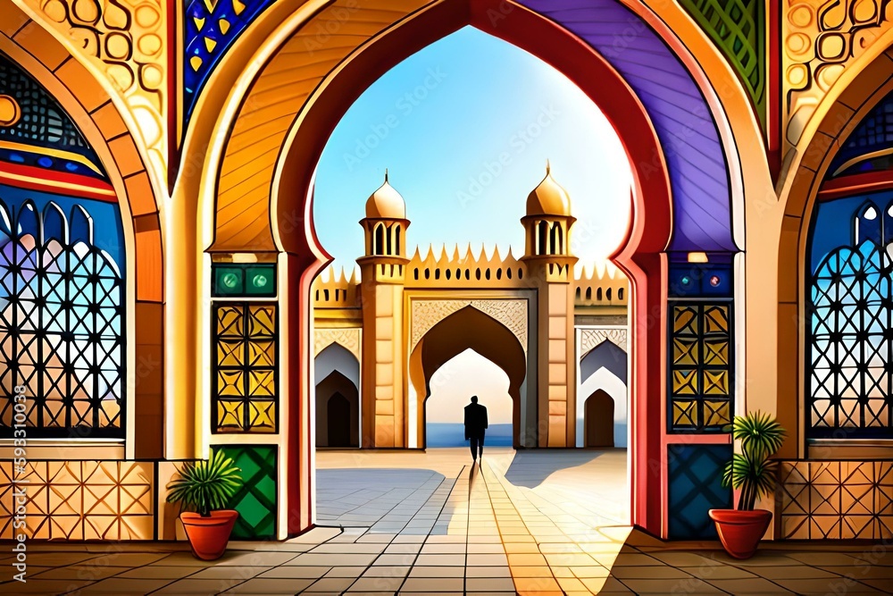 A Colorful Masjid entrance Gateway with Historical Interior and Plant ...