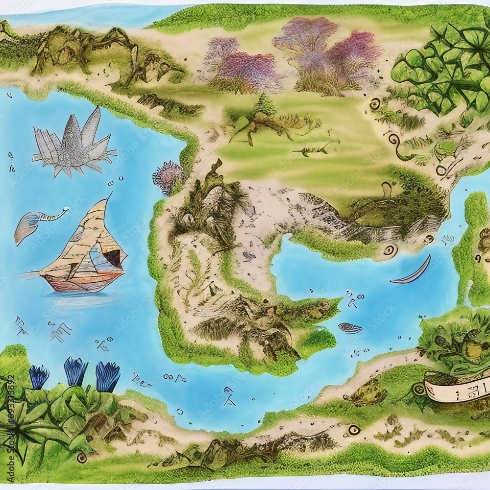 Fantasy Map With Islands, Creatures, And Vegetation, Generative AI ...