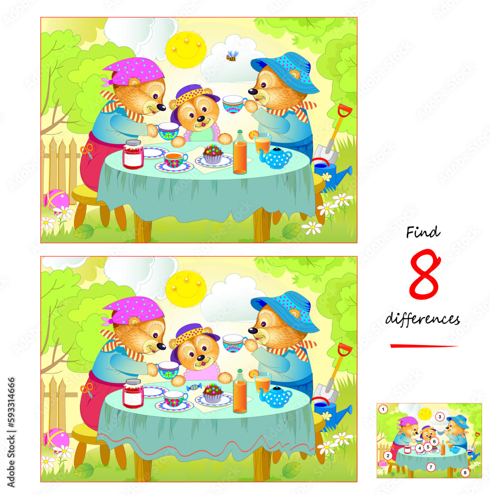 Find 8 differences. Illustration of cute bears family eating breakfast ...