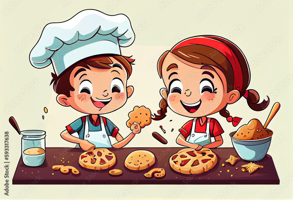 Cartoon illustration, a boy and a girl make pastries, bake cookies or ...