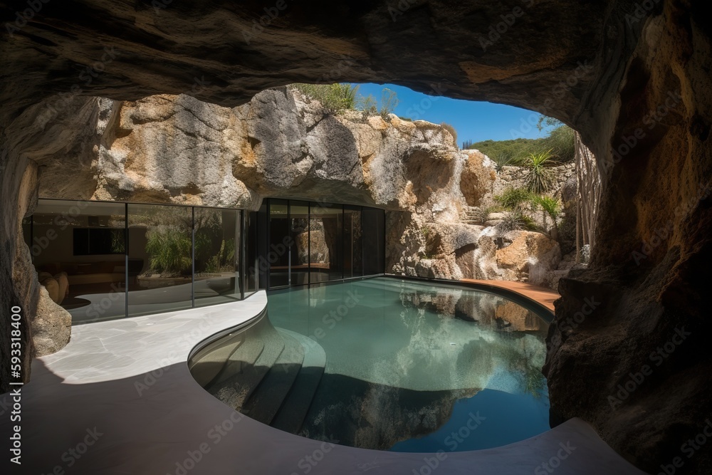 Luxury home backyard swimming pool with natural rocks and relaxing cave ...