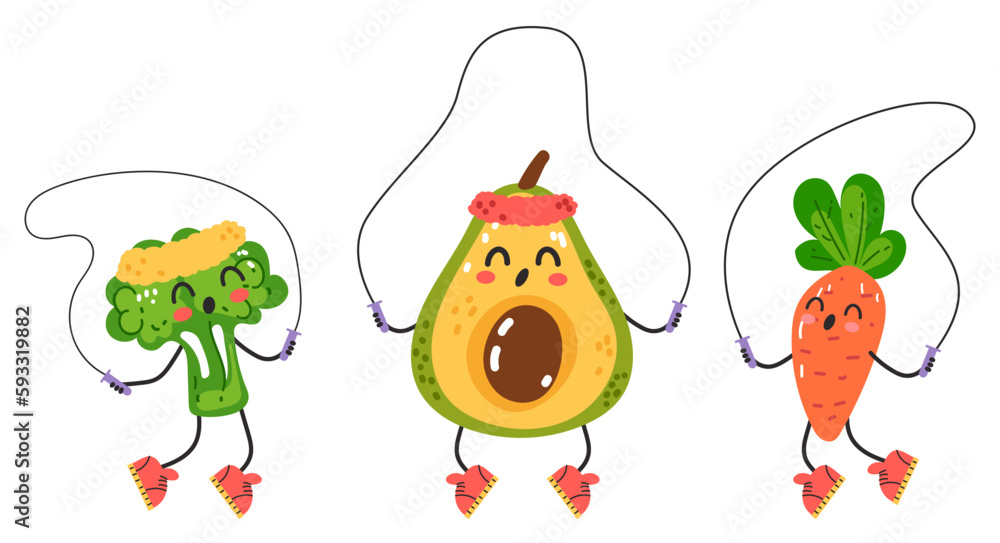 Sport cute vegetable doing workout exercise gym isolated set. Vector ...