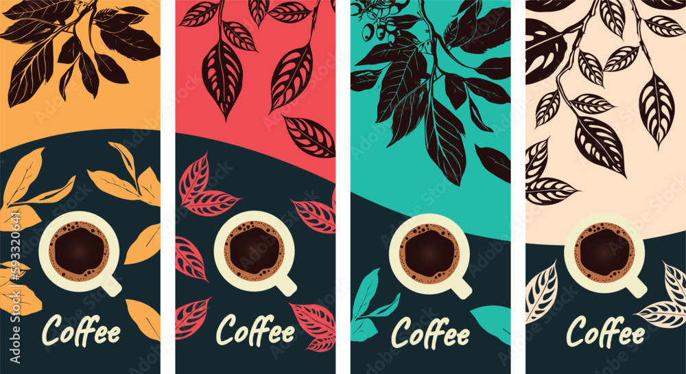 Coffee design poster set. Vector drawing coffee tree in different ...