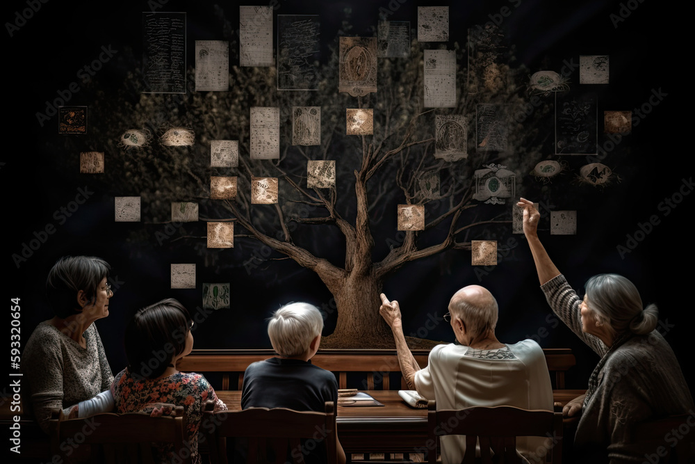 Different generations of family stand together against dark abstract ...