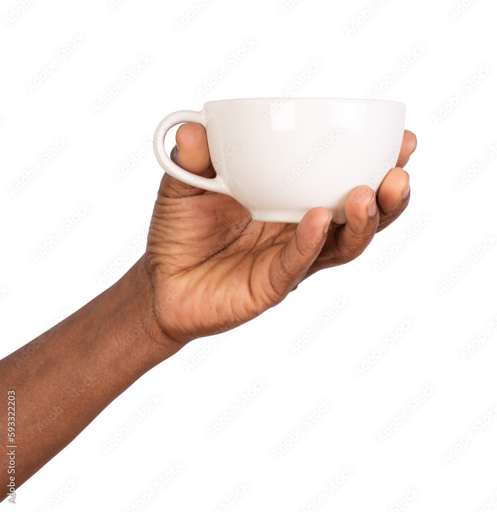 Black man holding a white cup of coffee or tea in hand, isolated on ...