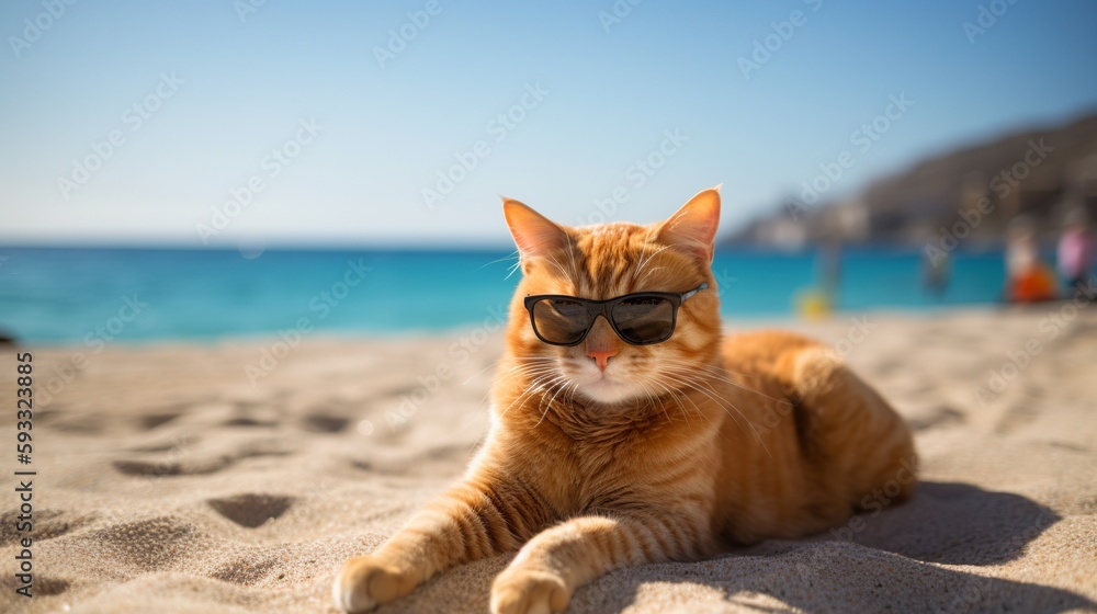 ภาพประกอบสต็อก Cute orange cat in sunglasses, relaxing on a sunny beach ...