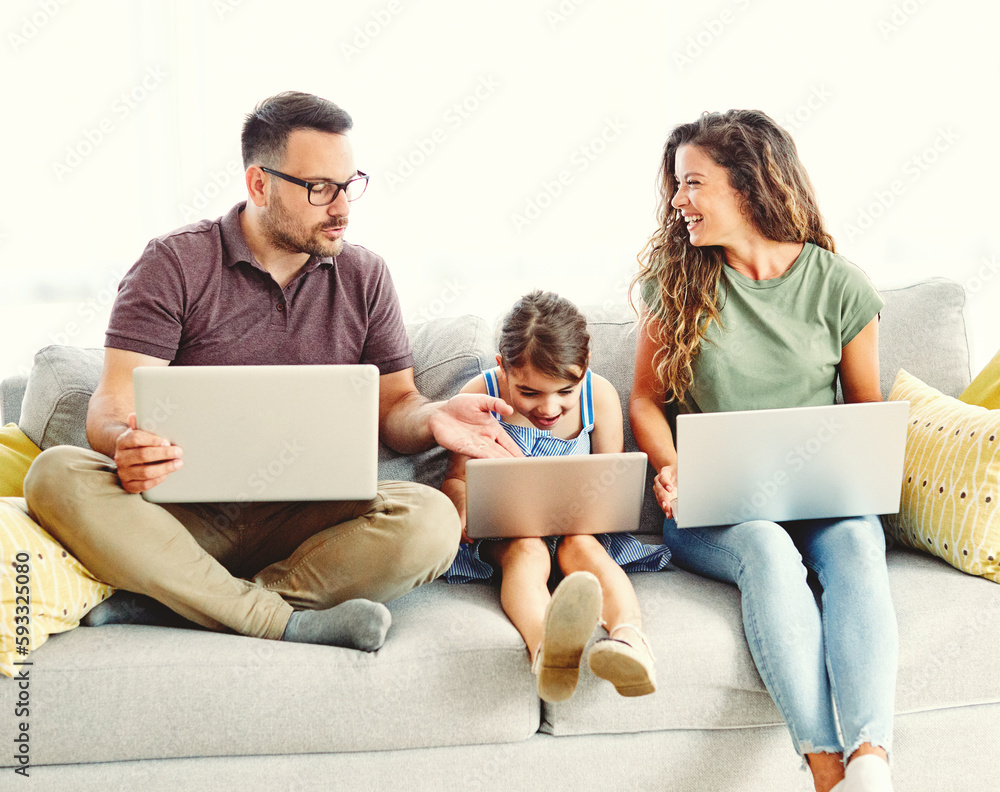 child laptop family computer woman mother father happy home man ...