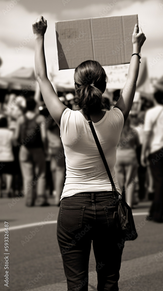 Protestor Woman with Back Turned, Holding Blank Sign in Air - Powerful ...