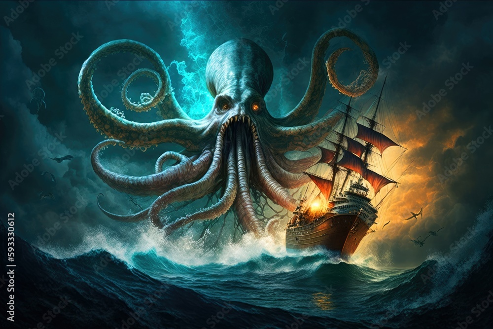 A Giant Kraken Attacking a Pirate Ship on the High Seas - Generative AI Stock Illustration ...
