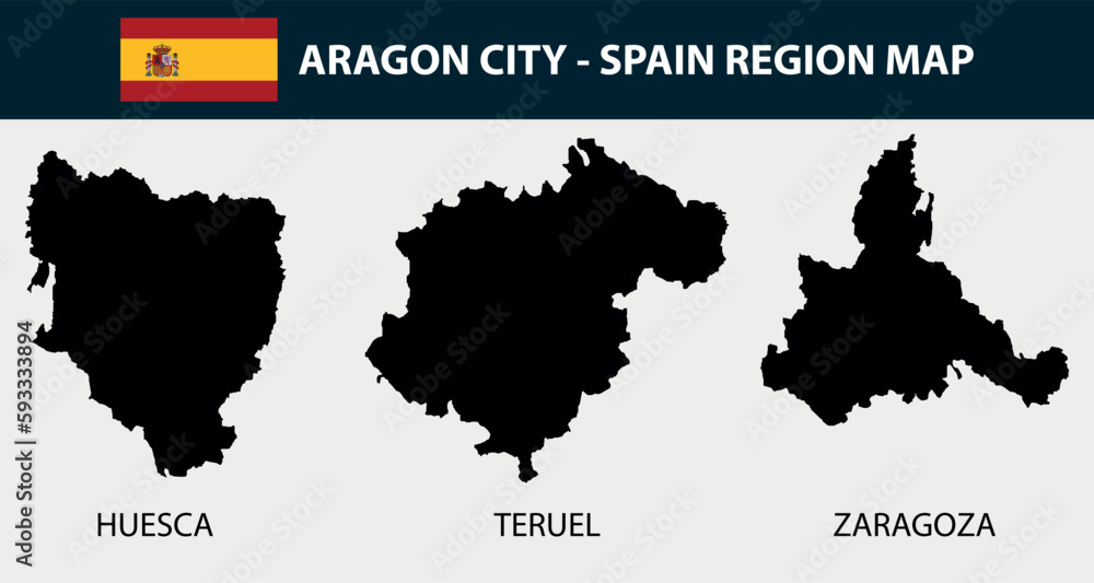 Map of Aragon city province set - Spain region outline silhouette ...