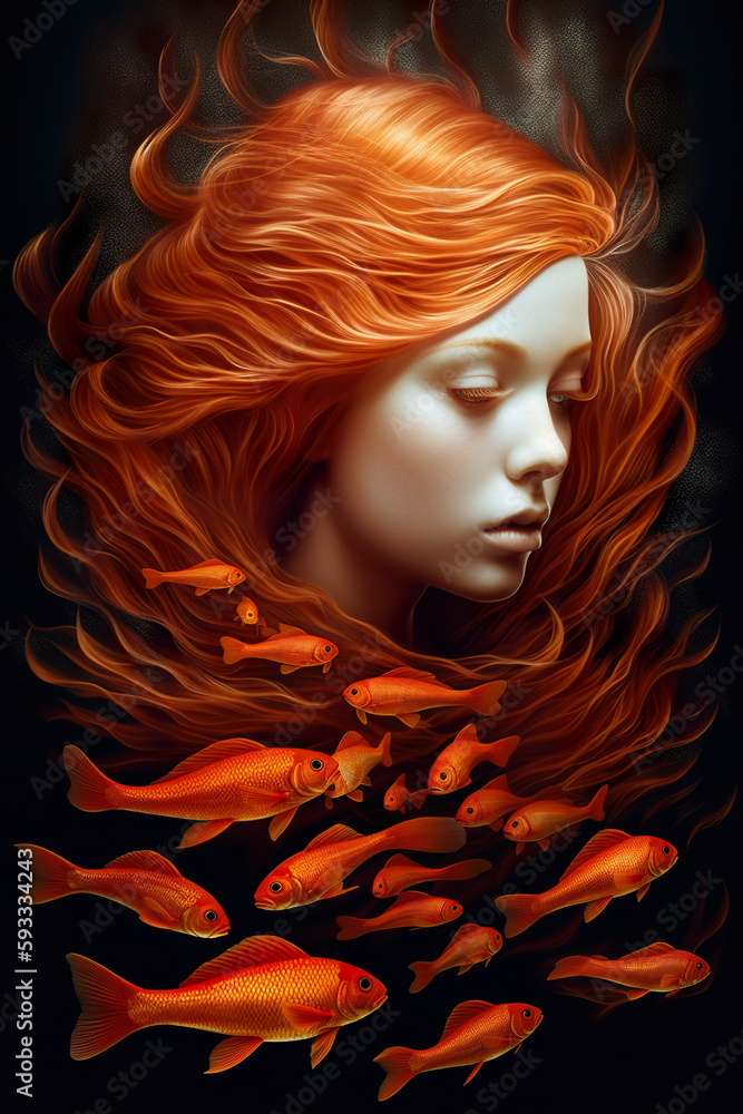 Beautiful woman spirit with long ginger hair like sea weed with many ...