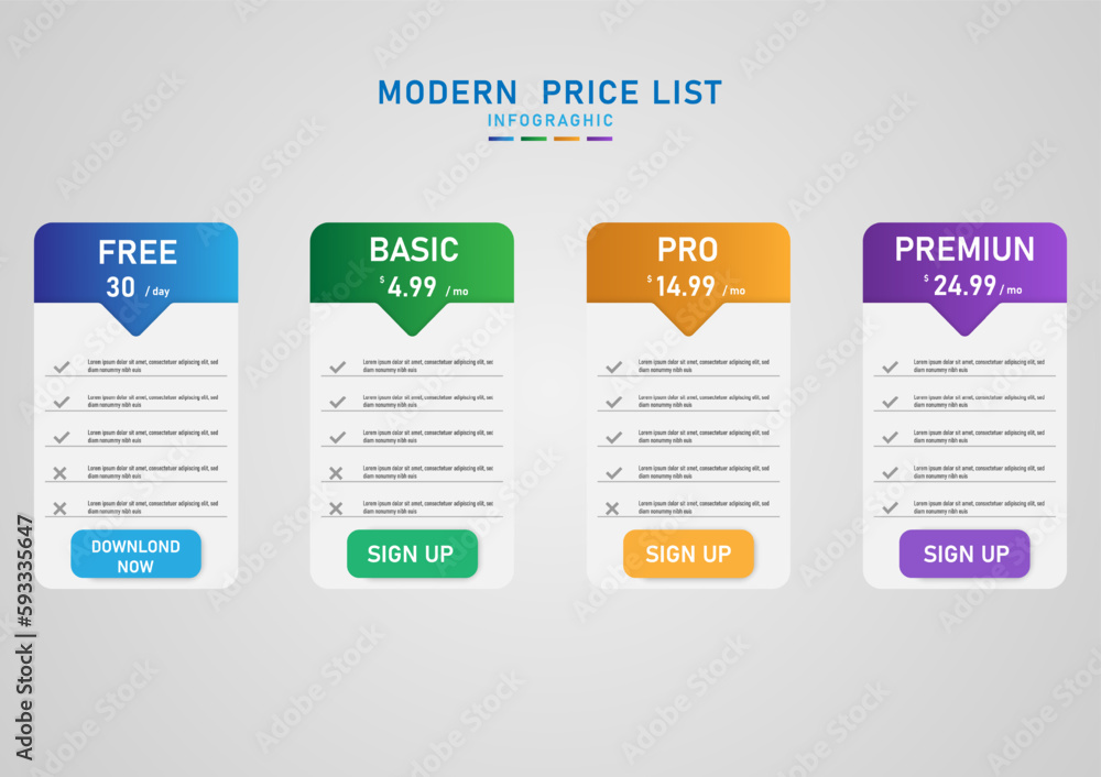 Modern Infograph subscription price list multi colored squares button ...