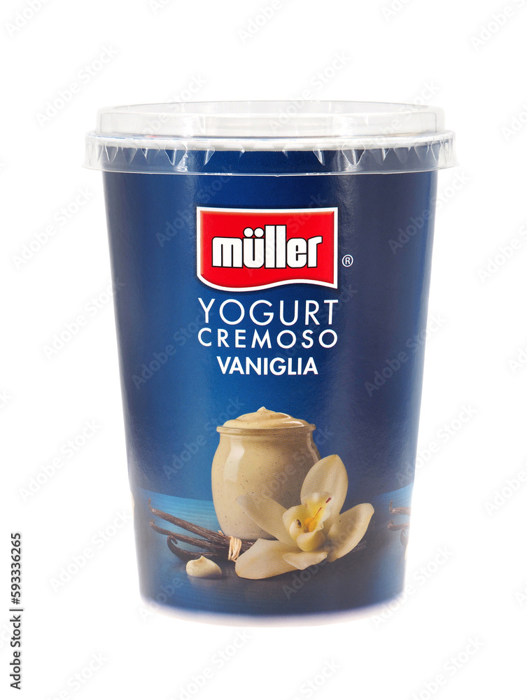 ROME, ITALY - APRIL 16, 2023. Muller vanilla yogurt isolated on white ...