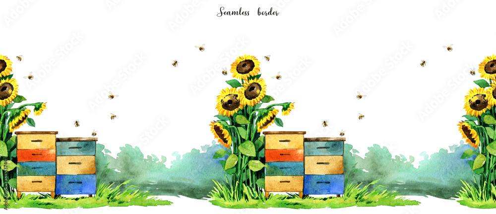 Watercolor seamless border with bee hives, honey bees, sunflowers ...
