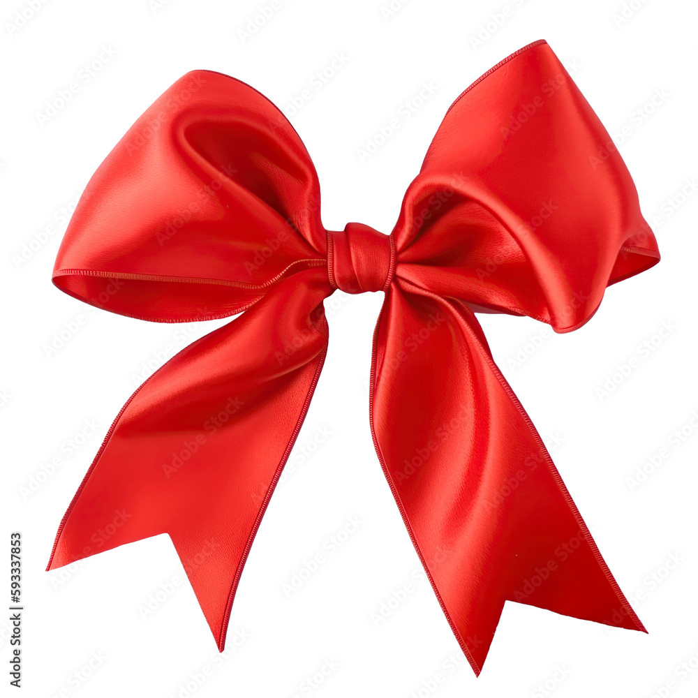 Shiny red bow made of silk ribbon, close up decorative element isolated ...
