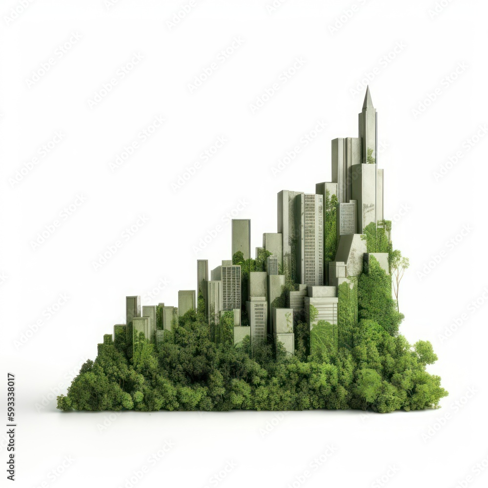 Green bar graph made from cityscape and lush greenery, a creative ...