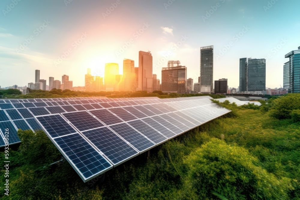 Solar panels with a city skyline in background, showcasing the ...