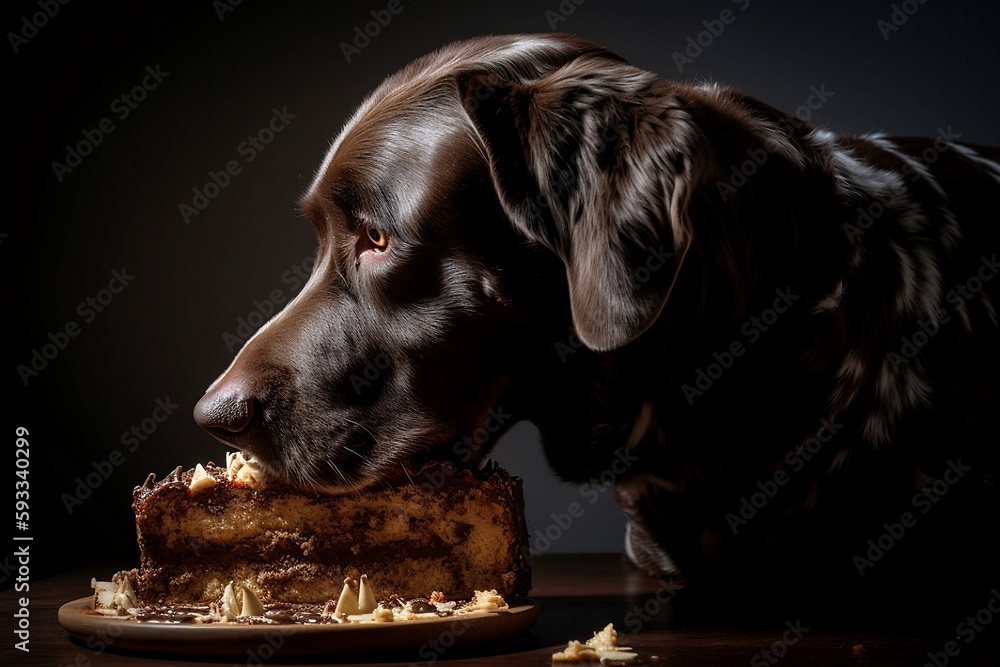 Side view of dog eating chocolate cake on black background. Generative ...