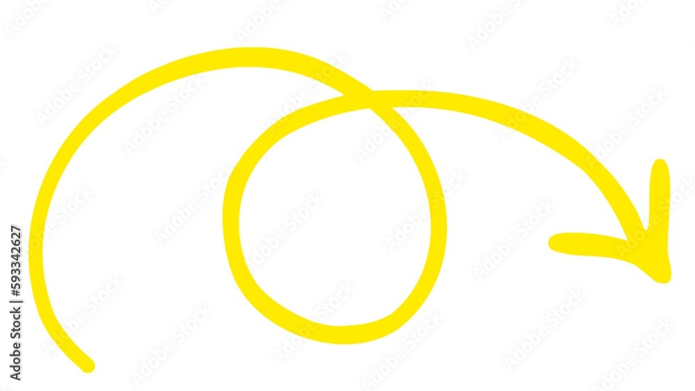 Animated symbol of arrow with loop. Hand drawn yellow arrow points to ...