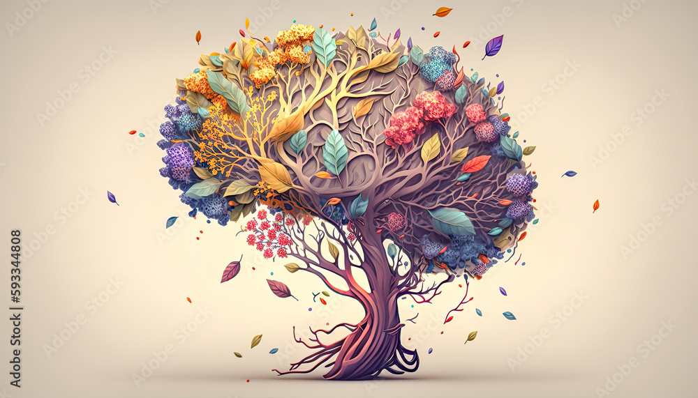 Human brain - tree with flowers self care and mental health concept ...