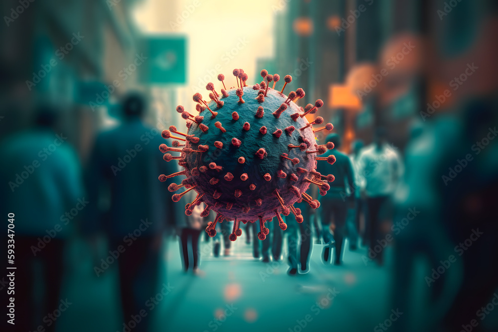 Virus particles hover, fly, spread in the air among crowds of people in ...