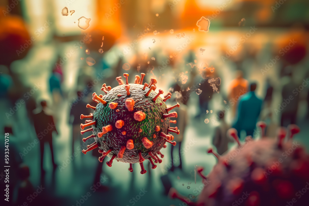 Virus particles hover, fly, spread in the air among crowds of people in ...