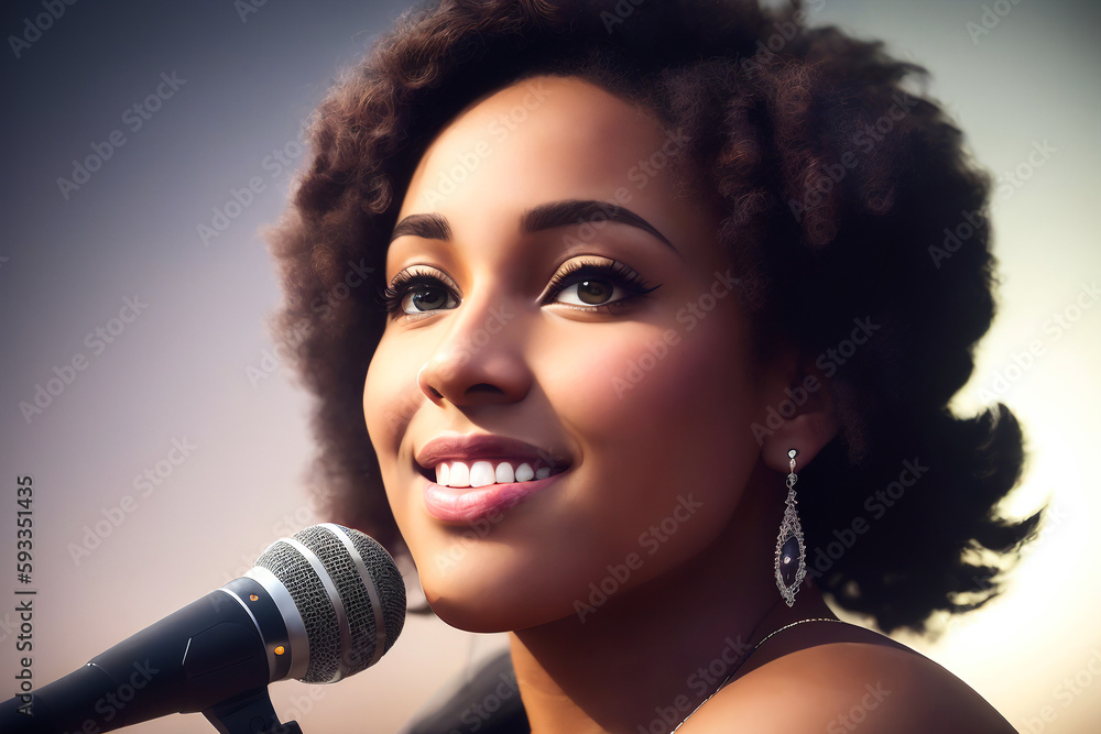 Portrait of a plus size chubby jazz singer on stage during a concert ...
