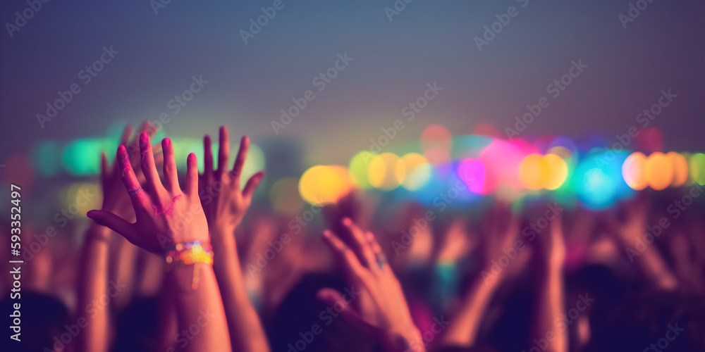Cheering crowd with hands in air at music festival. Party beach ...