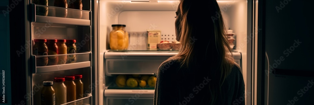 The girl stands in front of the open door of the refrigerator, looking ...