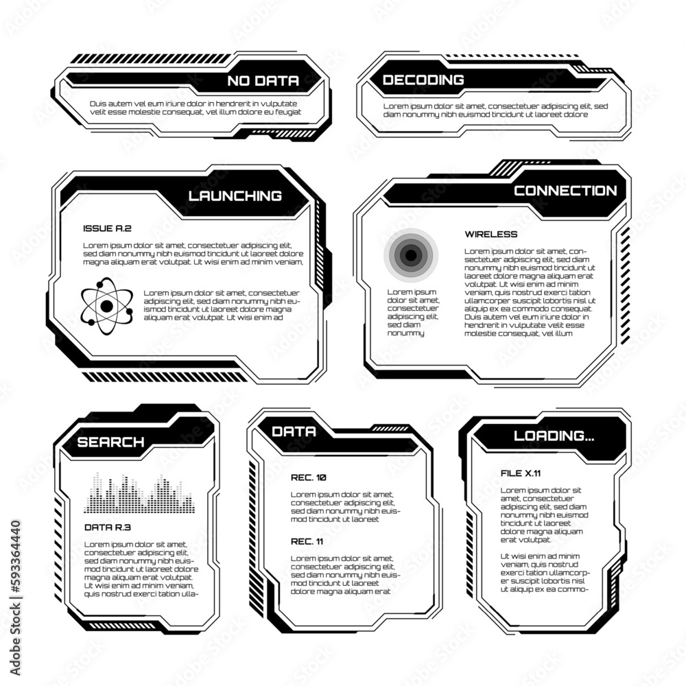 Black futuristic HUD, UI elements. Sci-fi user interface text boxes ...