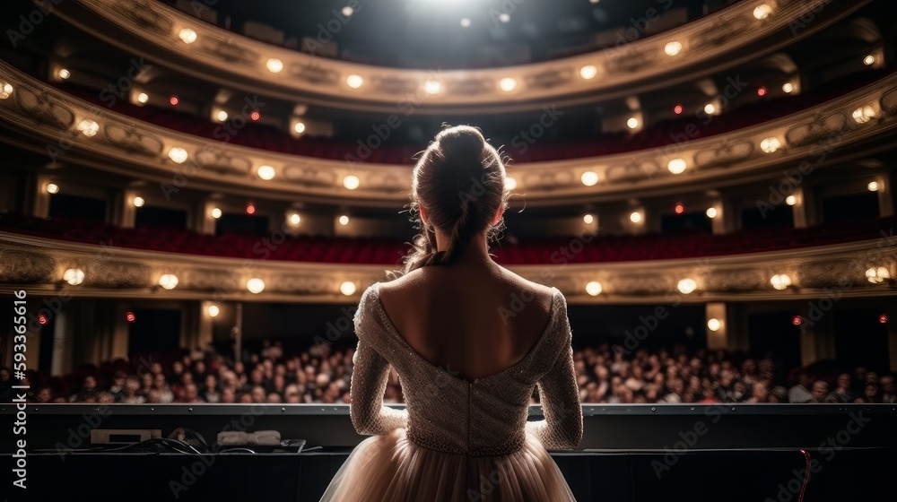 Opera singer looks at the audience during a performance. In a ...
