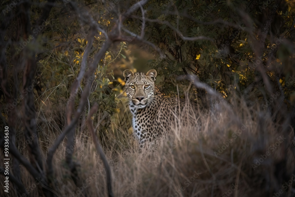 Spot a rare sighting of a leopard stalking through the trees Stock ...