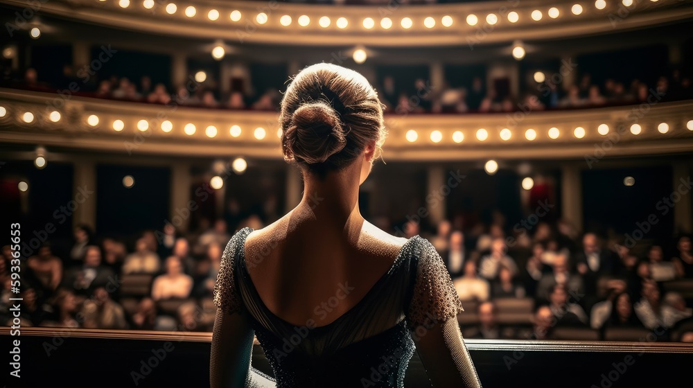 Opera singer looks at the audience during a performance. In a ...