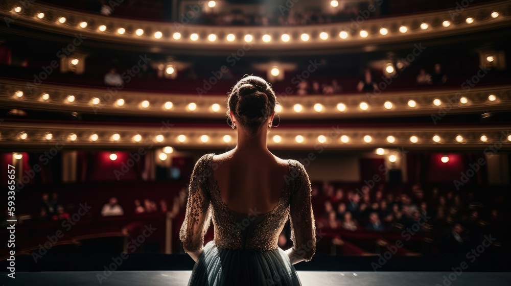 Opera singer looks at the audience during a performance. In a ...