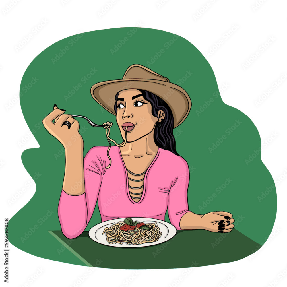 Brunette eating pasta illustration. Pretty young woman with plate of ...